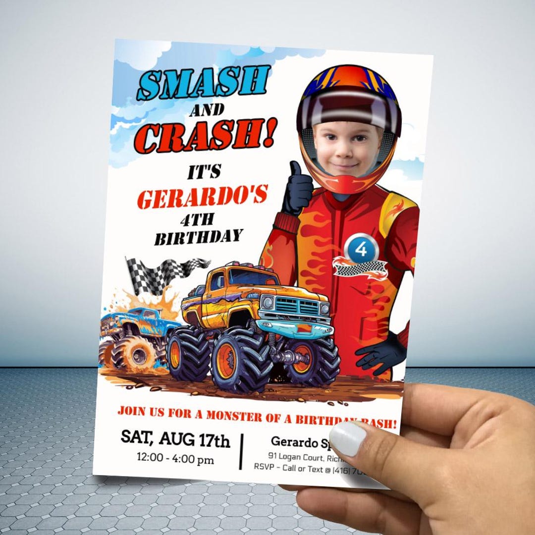 Monster Truck Party Invite With Photo, DIY Monster Truck Birthday ...