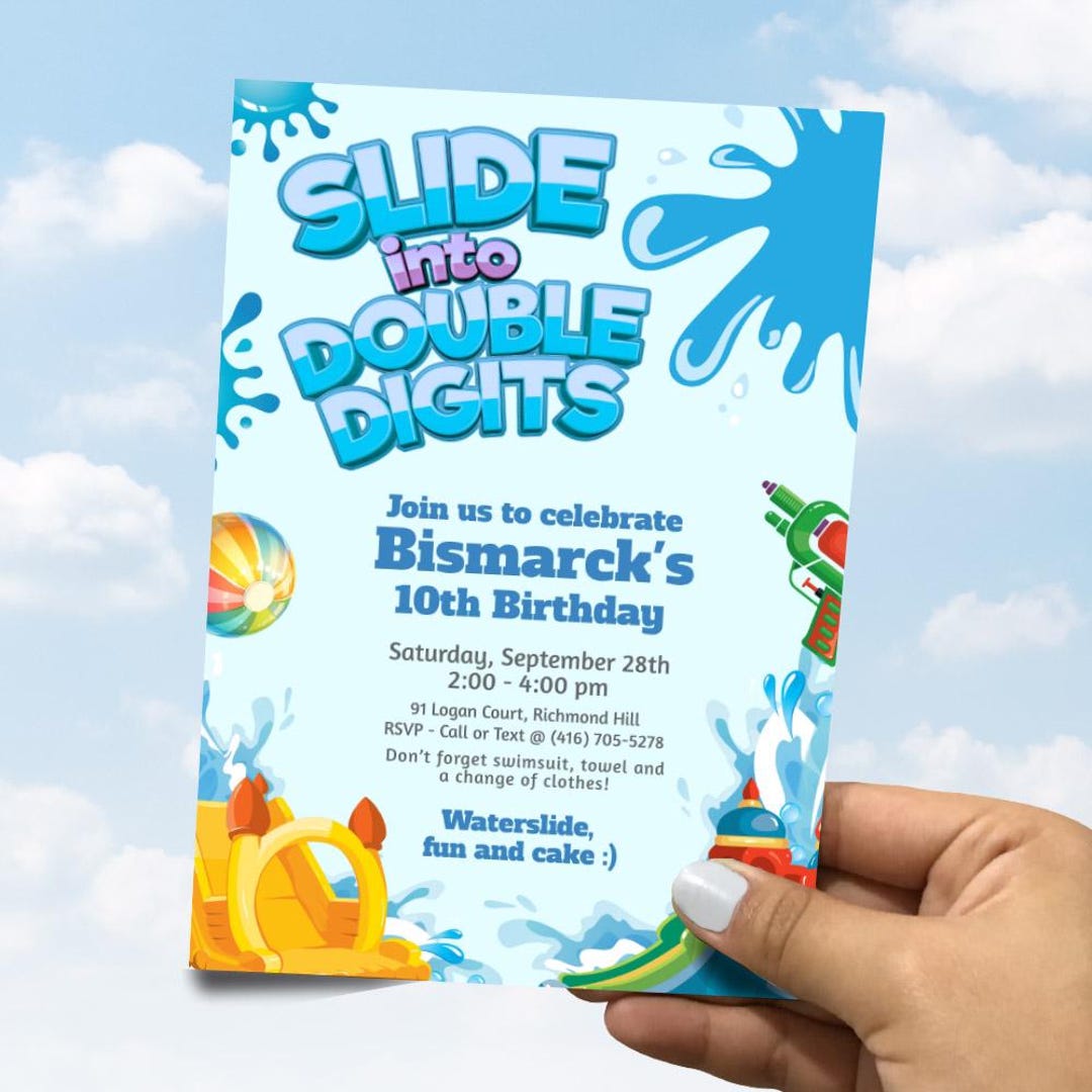 Editable Slide Into Double Digits Party Invitation, Water Slide 10th ...