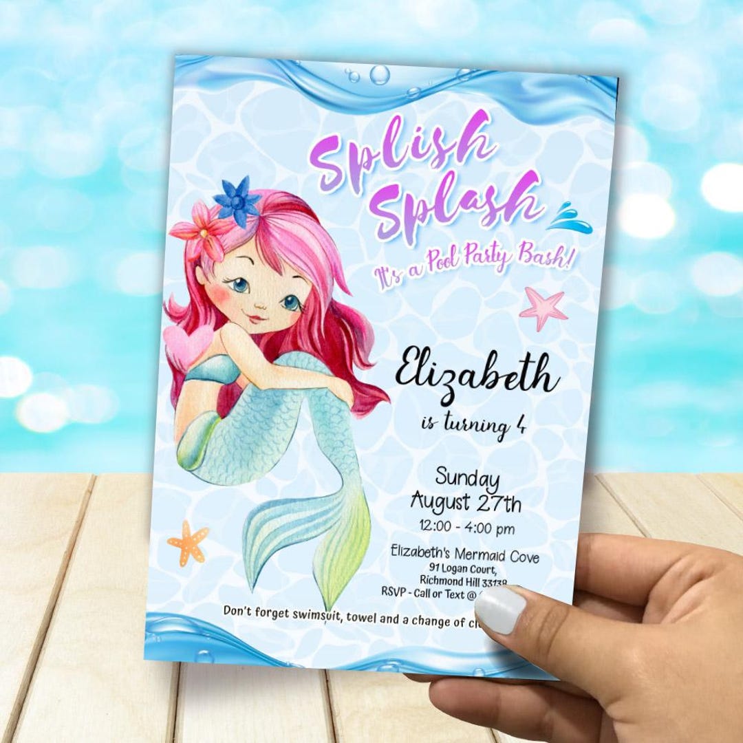 Mermaid Pool Party Invitation, Mermaid Online Invite, Mermaid Splish ...