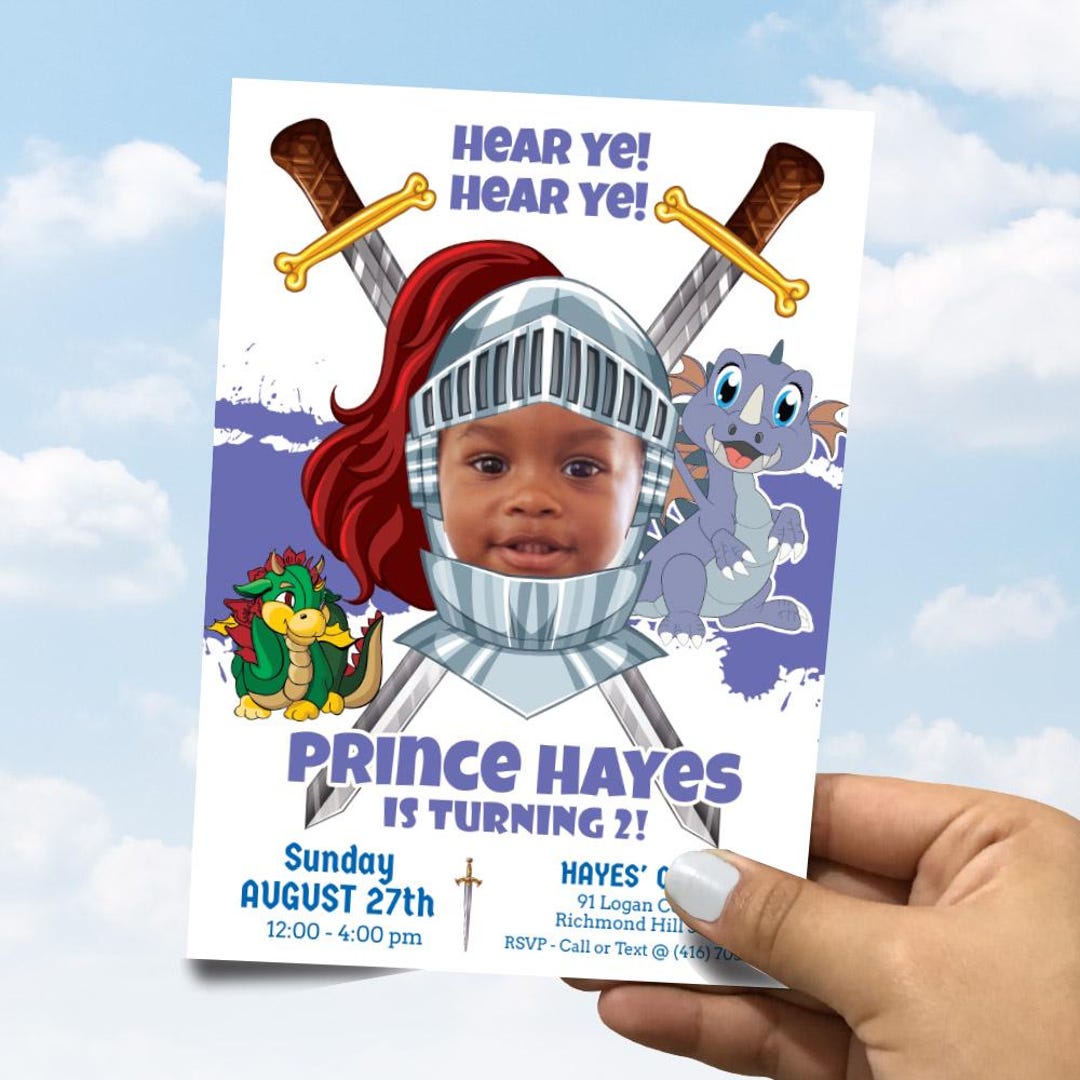 Little Knight Party Invite With Photo, Dragons and Knight Invitation ...