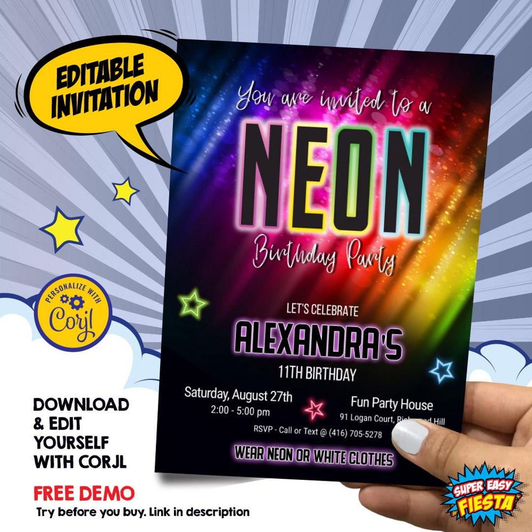 Neon Party Invitation, Editable Neon Invitation, Neon Birthday Template ...