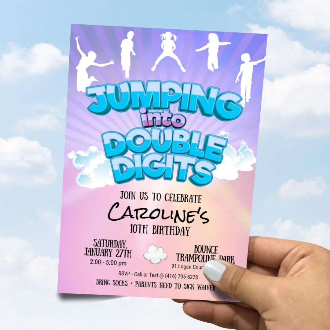 Pink Jumping Into Double Digits Birthday Party Invitation, Jump Girl ...