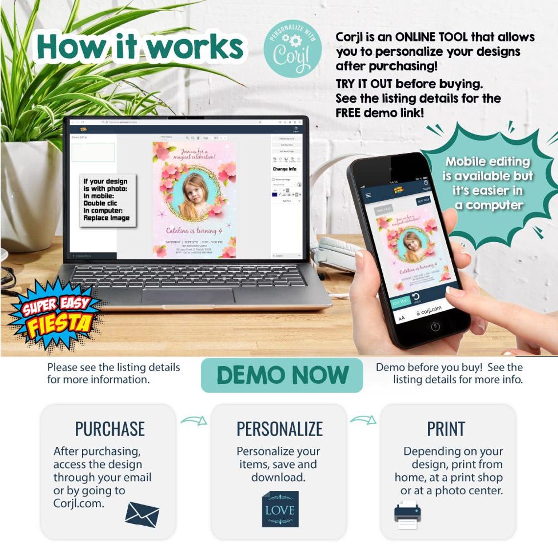 Editable Girl Birthday Invitation With Photo, DIY Princess Online ...