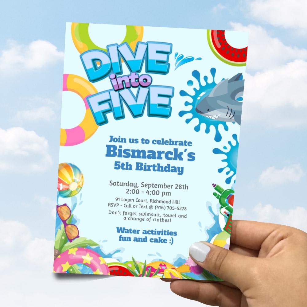 DIY Boy Dive Into Five Party Invitation, Dive Into Five Pool Party ...