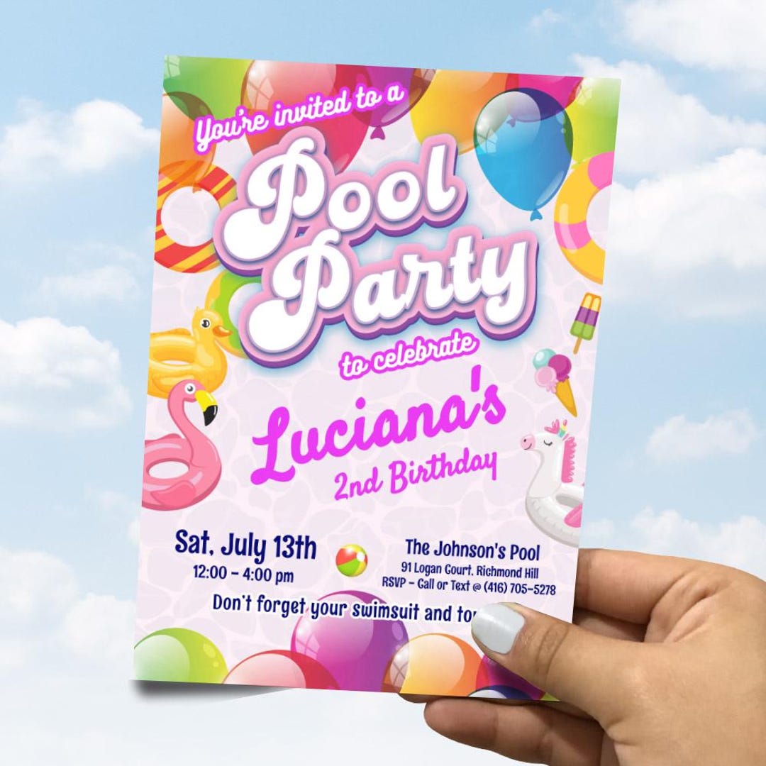 Pink Pool Party Invitation, Girl Pool Party Invitation Template, Pool ...