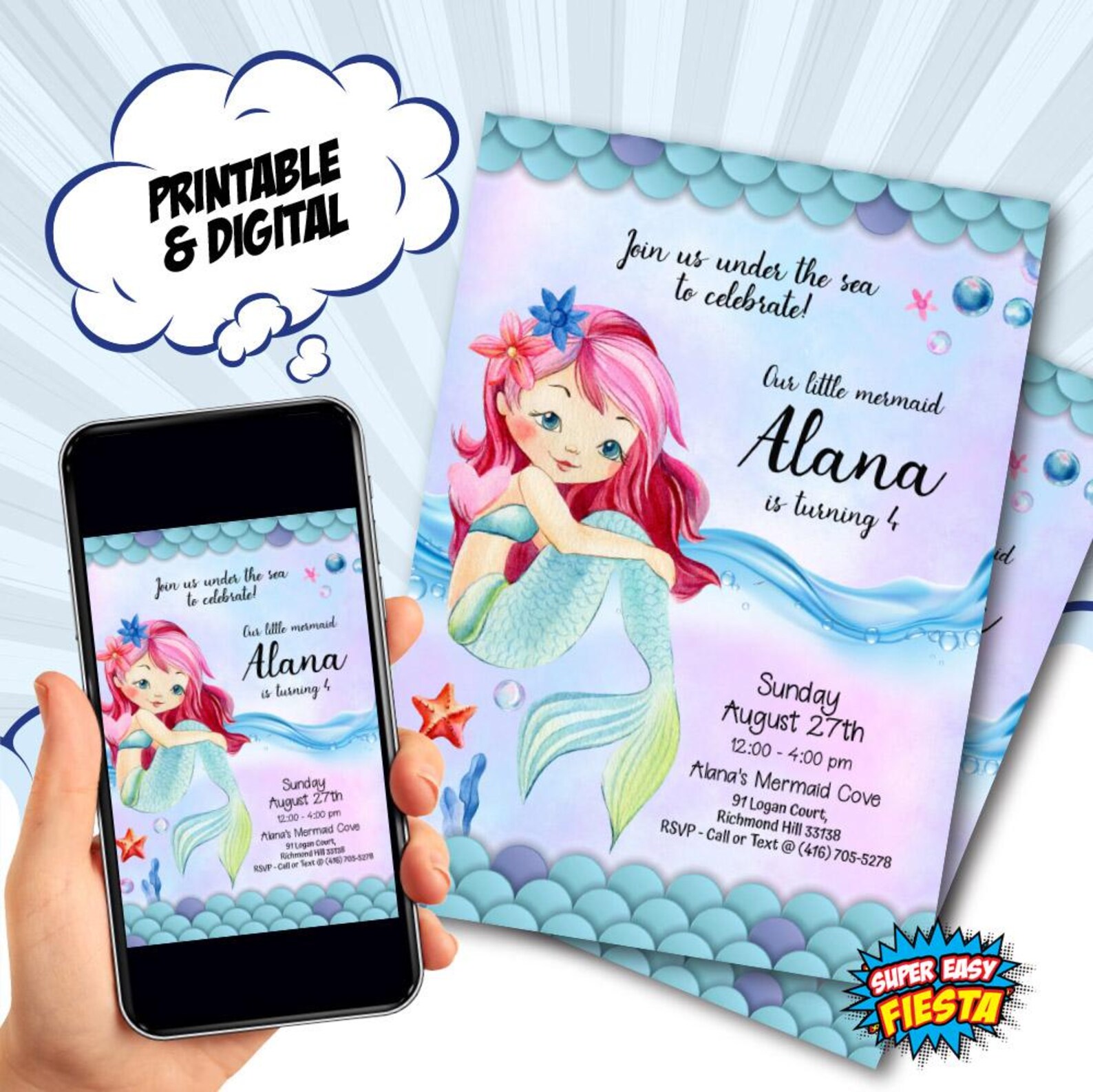 DIY Mermaid Birthday Invitation, Girl Under the Sea Party, DIY Mermaid ...
