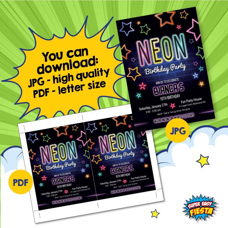 Editable Neon Party Invitation, Neon Invitation, Neon Party Template ...