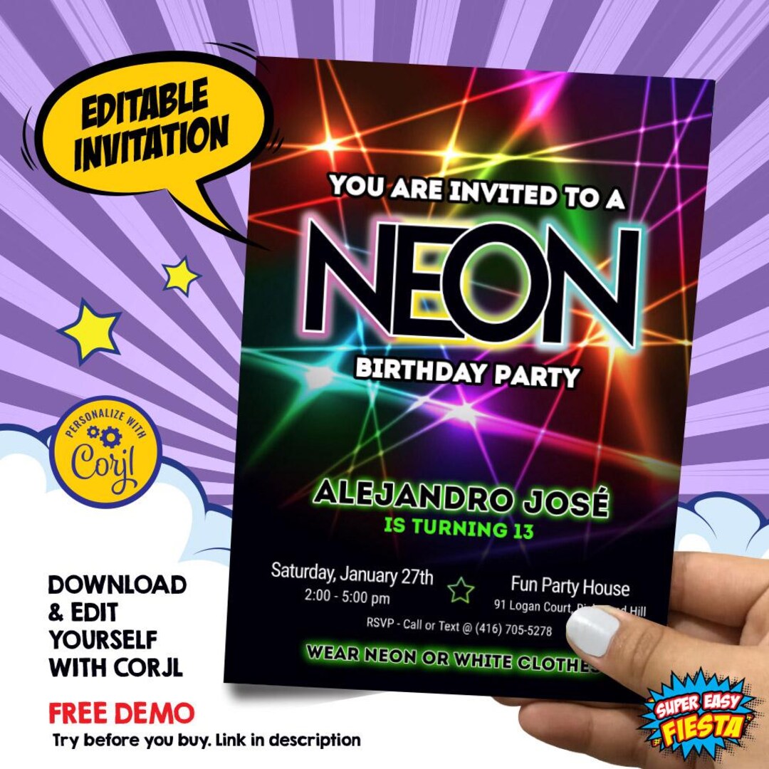 Neon Party Invitation, Editable Neon Birthday Digital Invitation, Neon ...