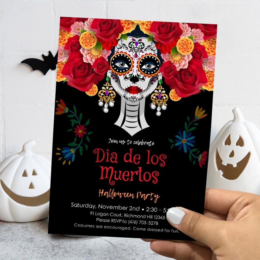 Custom Dia De Muertos Halloween Party Invitation, Day of the Dead ...