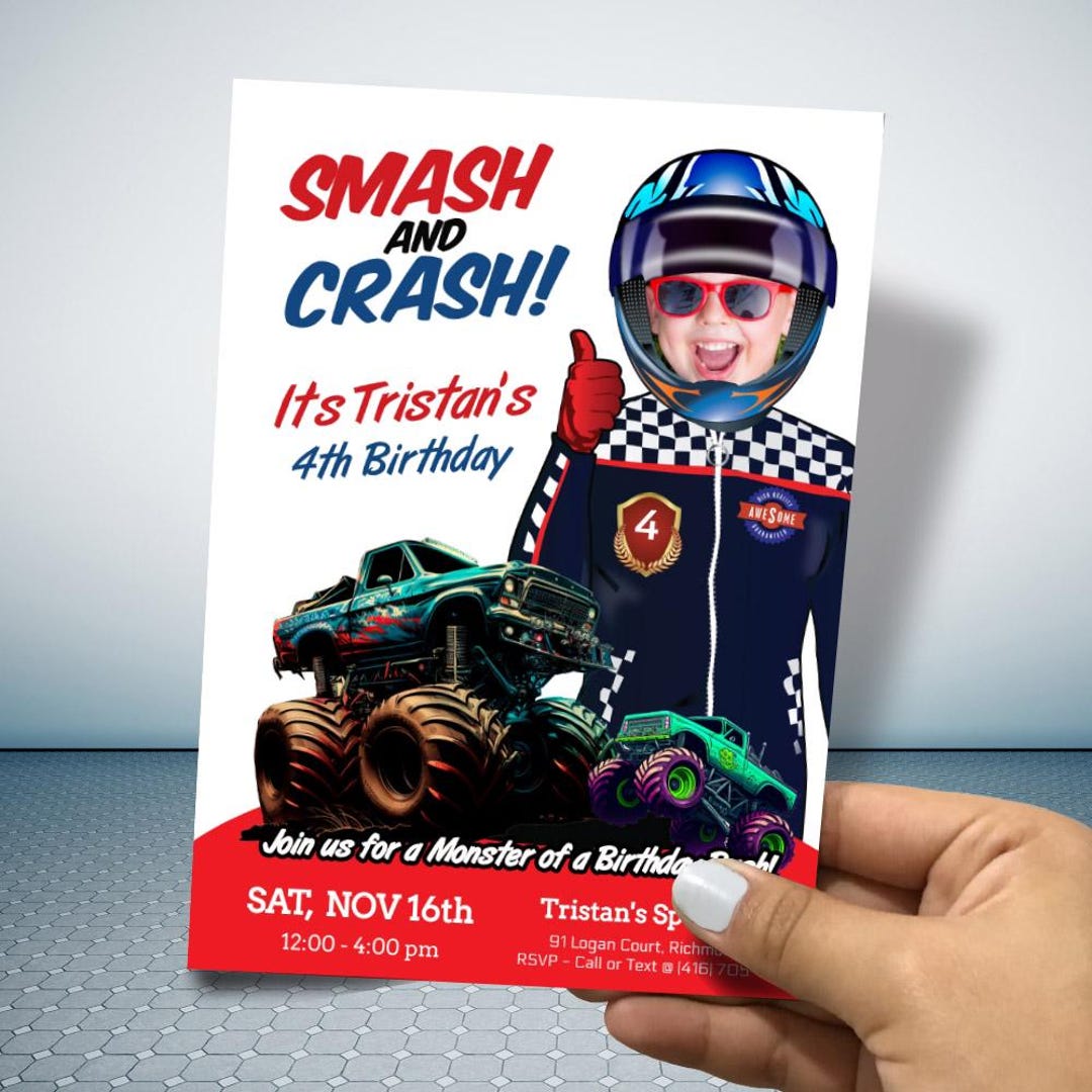 Editable Monster Truck Smash and Crash Party Invitation With Photo ...