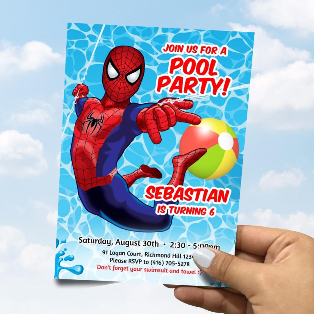 Spiderman Pool Party Invitation, Customized Spiderman Splash Party ...