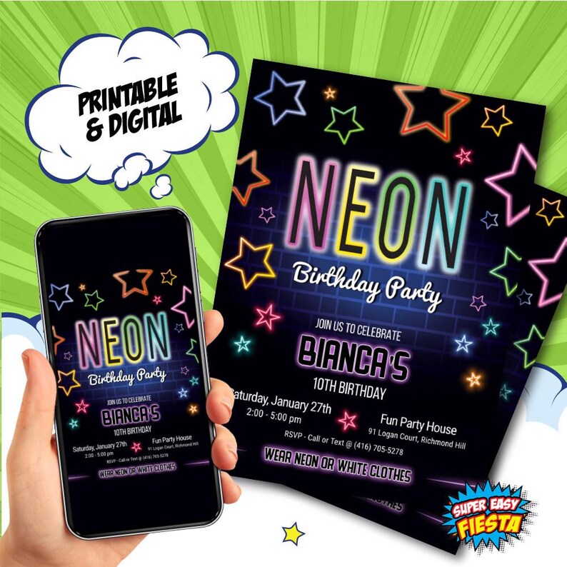 Editable Neon Party Invitation, Neon Invitation, Neon Party Template ...