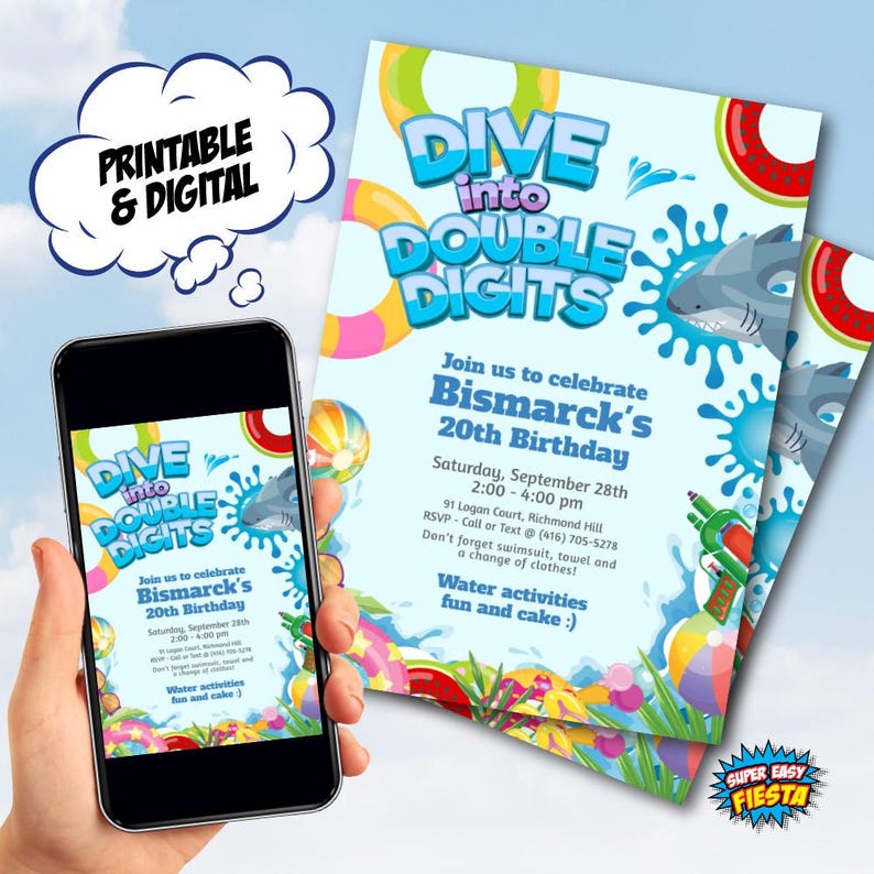 Custom Dive Into Double Digits Party Invitation, 10th Birthday Pool ...
