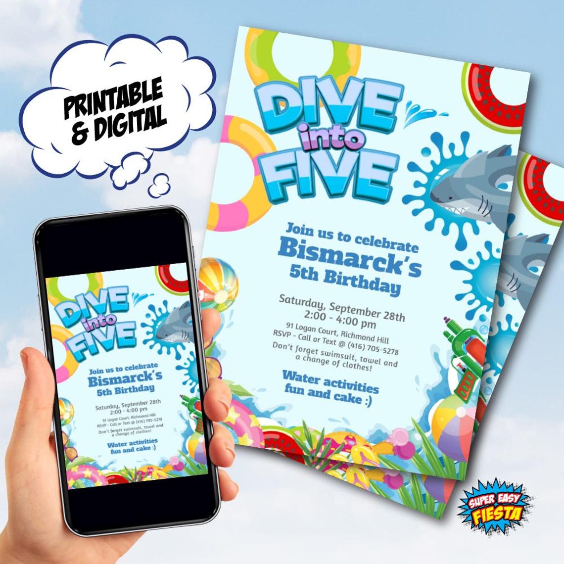 DIY Boy Dive Into Five Party Invitation, Dive Into Five Pool Party ...
