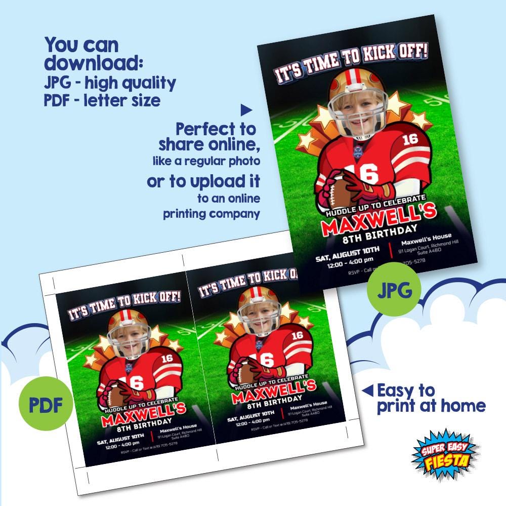 DIY Football Birthday Party Template, DIY 49ers Birthday Invitation ...