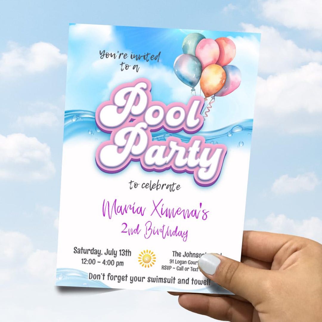 Pink Pool Party Invitation, Girl Pool Party Invitation Template, Pool ...
