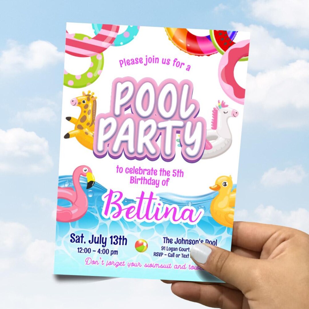Editable Girl Pool Party Invitation, DIY Pink Pool Party Invitation ...