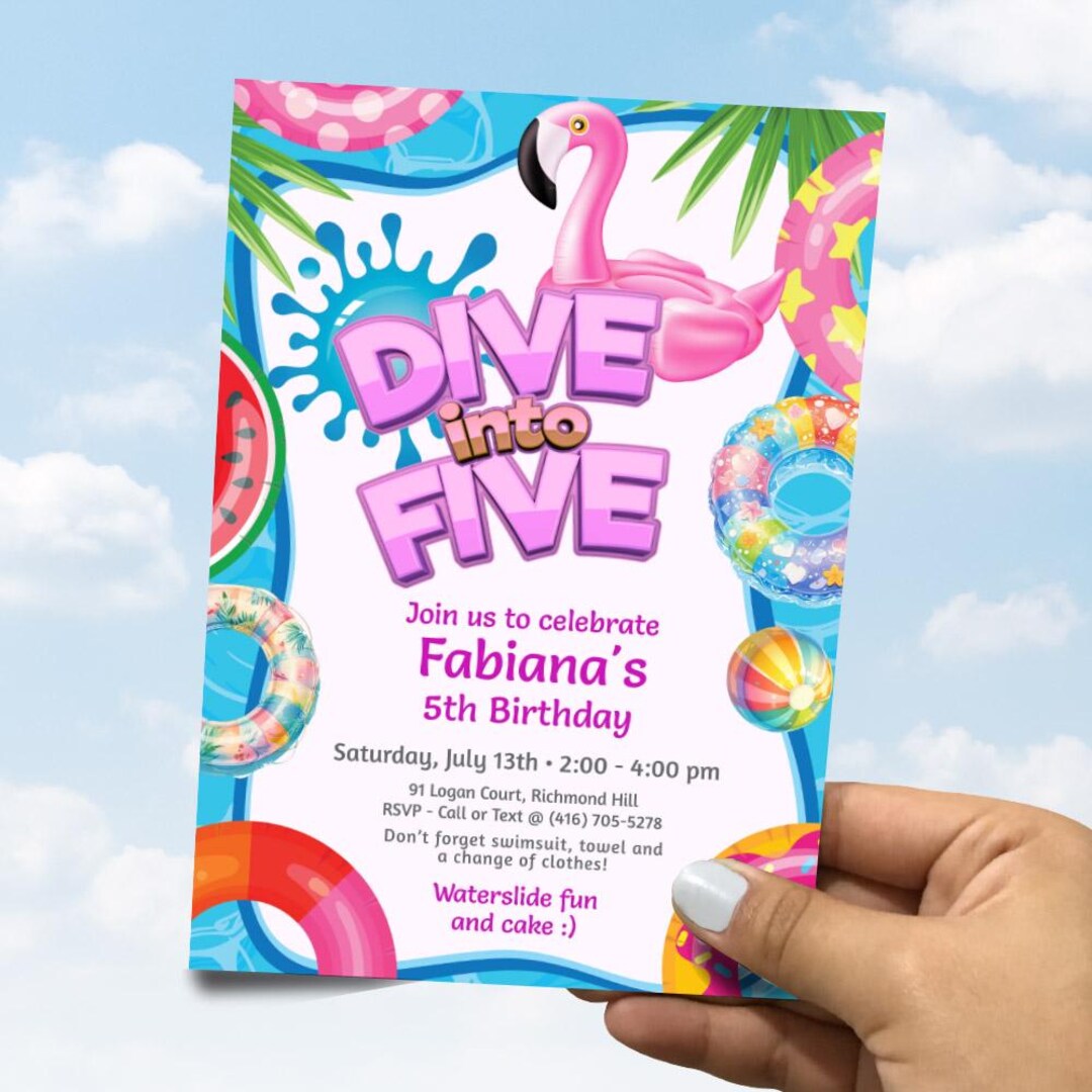 Pink Pool Party Invitation, Dive Into Five Girl Party Invitation ...
