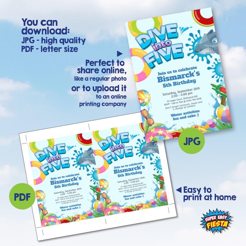 DIY Boy Dive Into Five Party Invitation, Dive Into Five Pool Party ...
