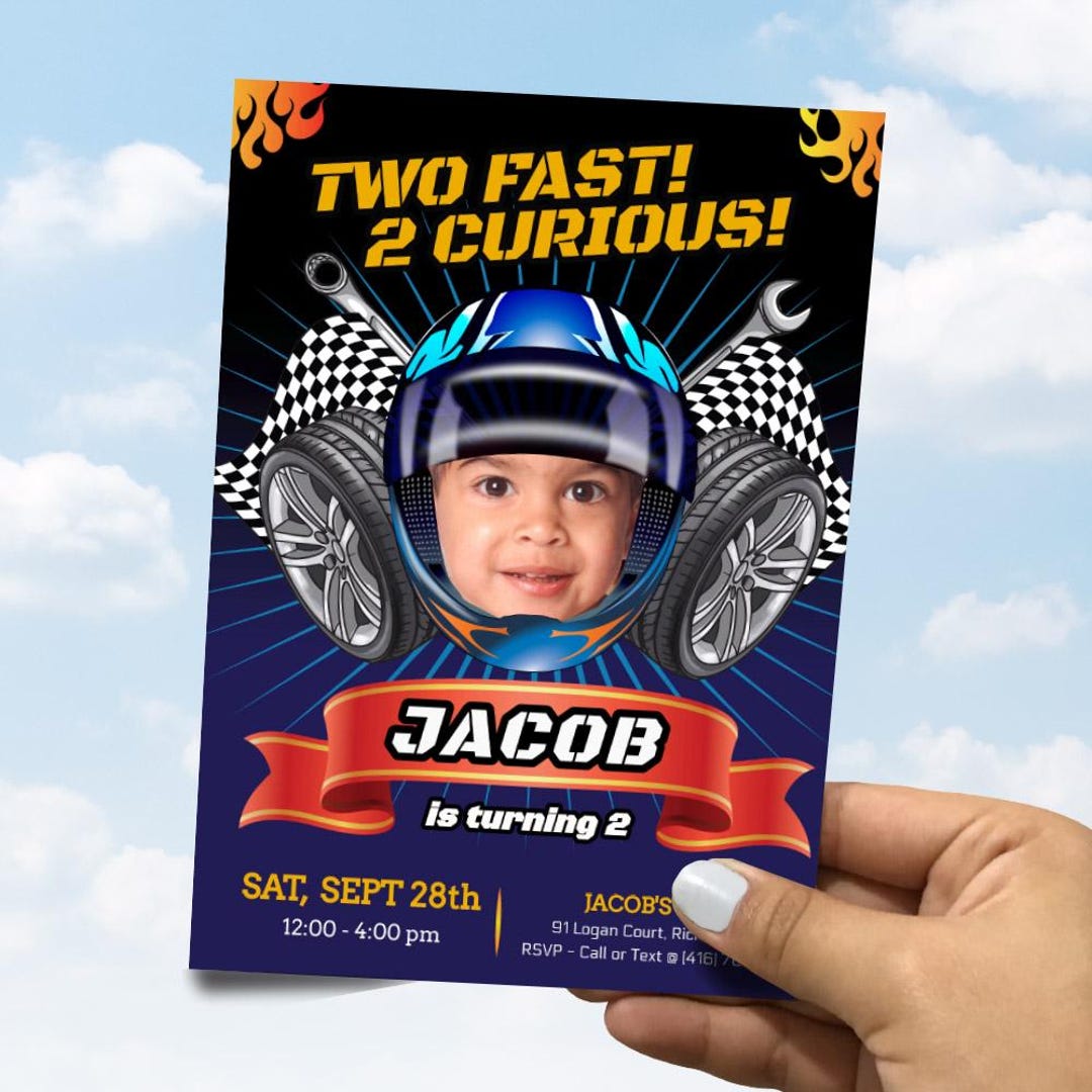 Editable Two Fast Two Curious Birthday Invitation With Photo, DIY Race ...