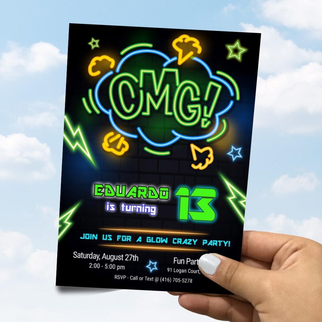 OMG Neon Party Invitation, Editable Glow Invitation, Neon Party ...