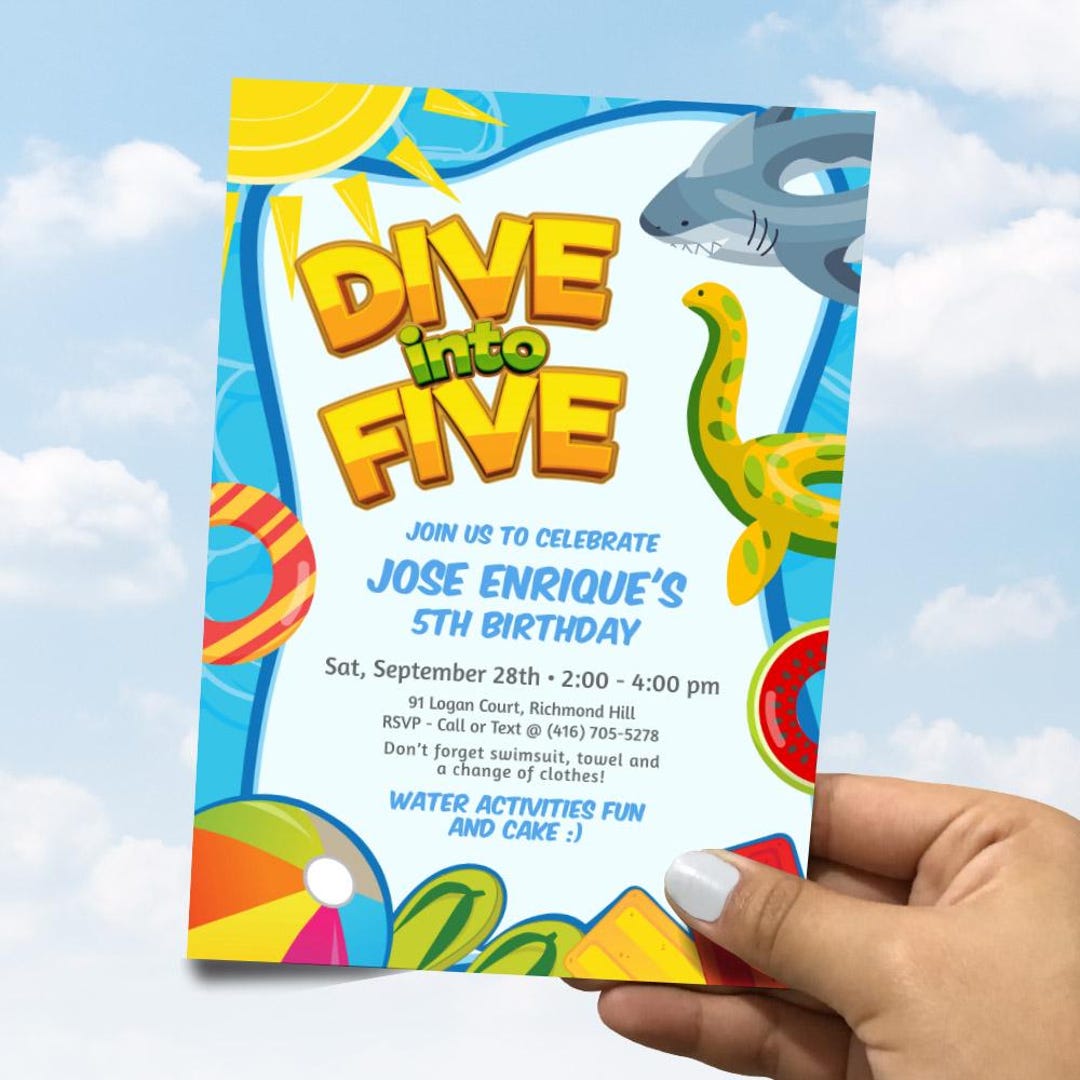 Editable Dive Into Five Pool Party Invitation, Dive Into Five Boy Party ...