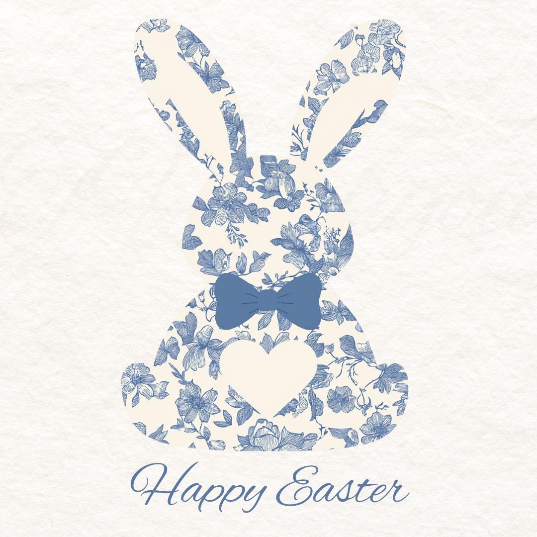 Happy Easter PNG, Blue Floral Chinoiserie Bunny Png, Grand Millennial ...