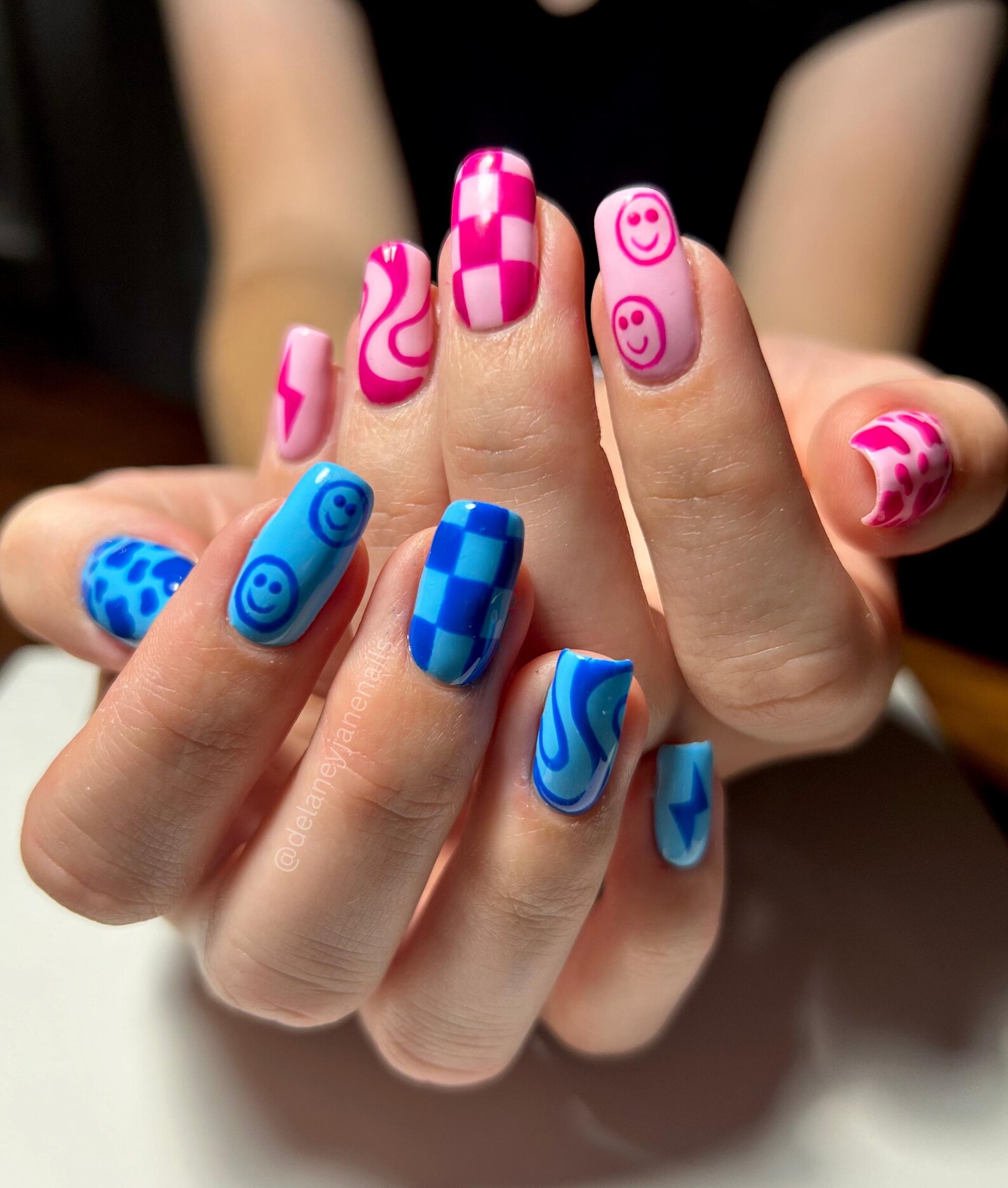 Smile Nails - Swirl Nails - Checkered Nails - Pink and Blue Nails ...