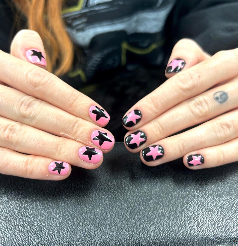 Pink and Black Star Nails - Luxury Press on Nails - Gel X Nails - Gel ...