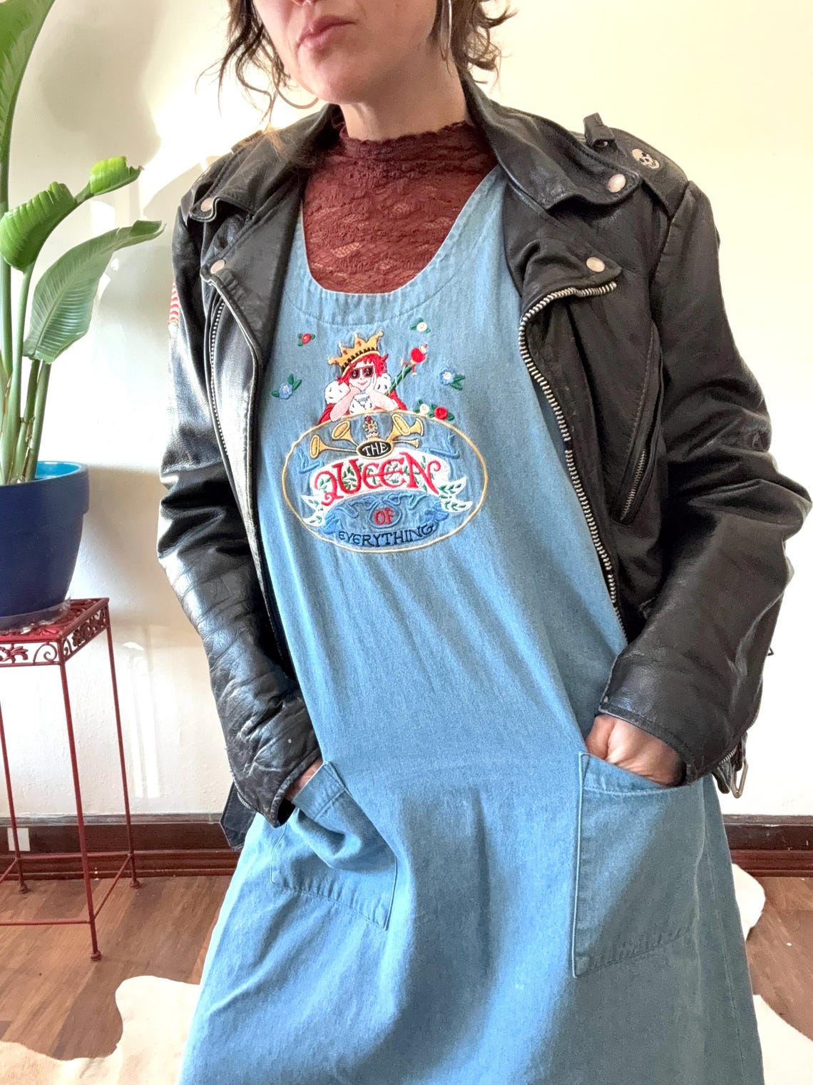 90s Mary Engelbert Queen of Everything Embroidered Denim Romper Dress ...