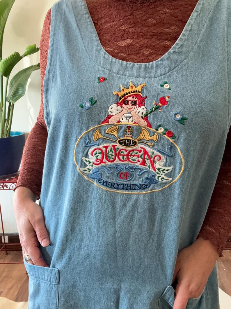 90s Mary Engelbert Queen of Everything Embroidered Denim Romper Dress ...