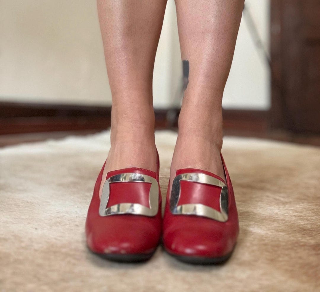 RARE 1960s Connie Red Mod Pilgrim Buckle Heels / Pumps Tag Size 7 Fits ...