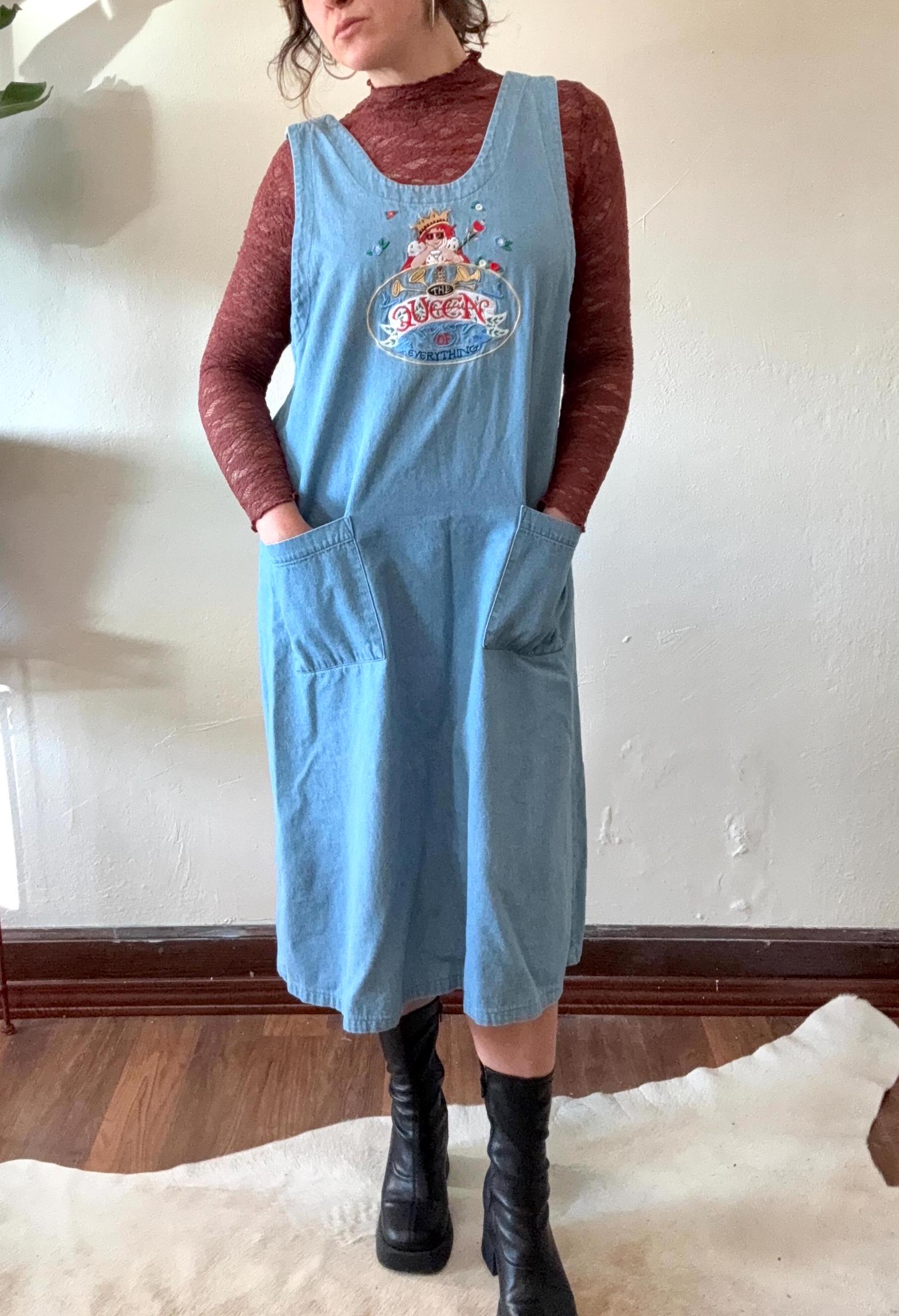 90s Mary Engelbert Queen of Everything Embroidered Denim Romper Dress ...