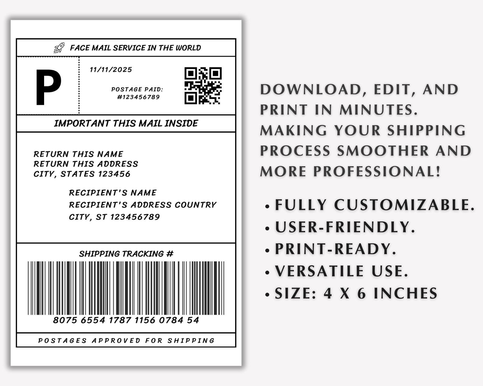 Shipping Label Template, Editable Personalized Mail Label, Mail ...