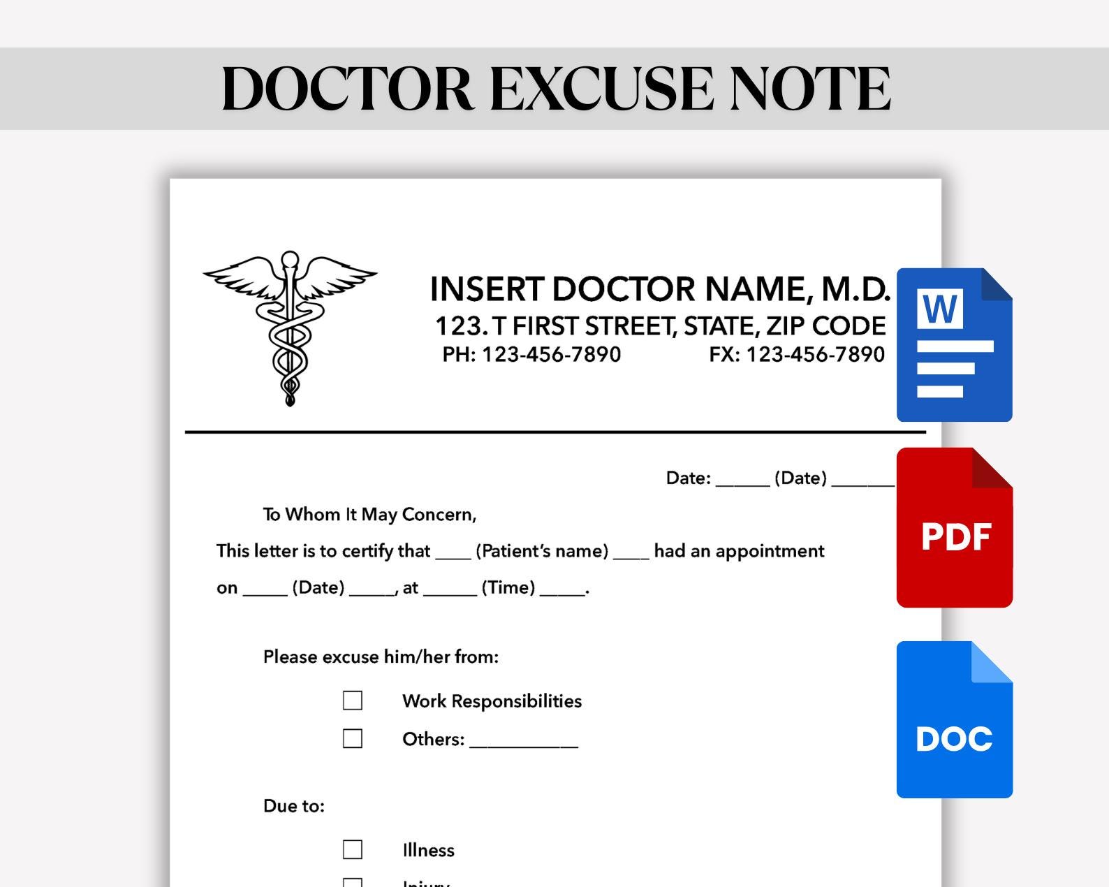 Doctor Excuse Note, Editable Doctor Excuse Note for Work, Printable ...