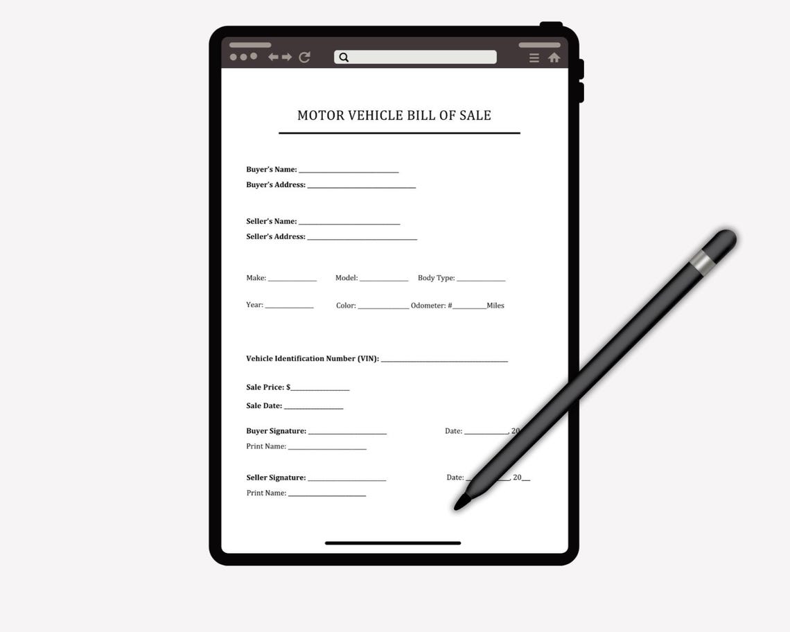 Motor Vehicle Bill of Sale, Car Bill of Sale Agreement, Motor Vehicle ...
