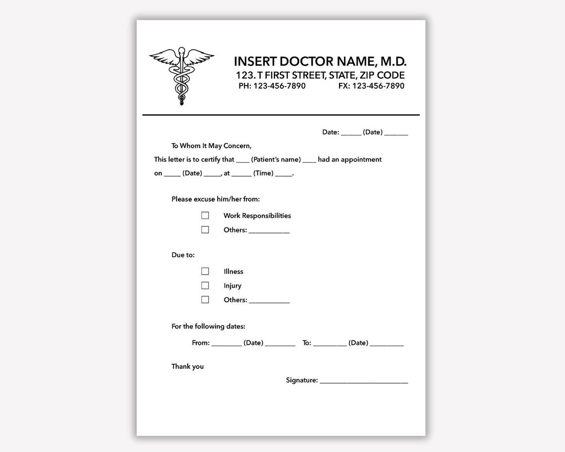 Doctor Excuse Note, Editable Doctor Excuse Note for Work, Printable ...