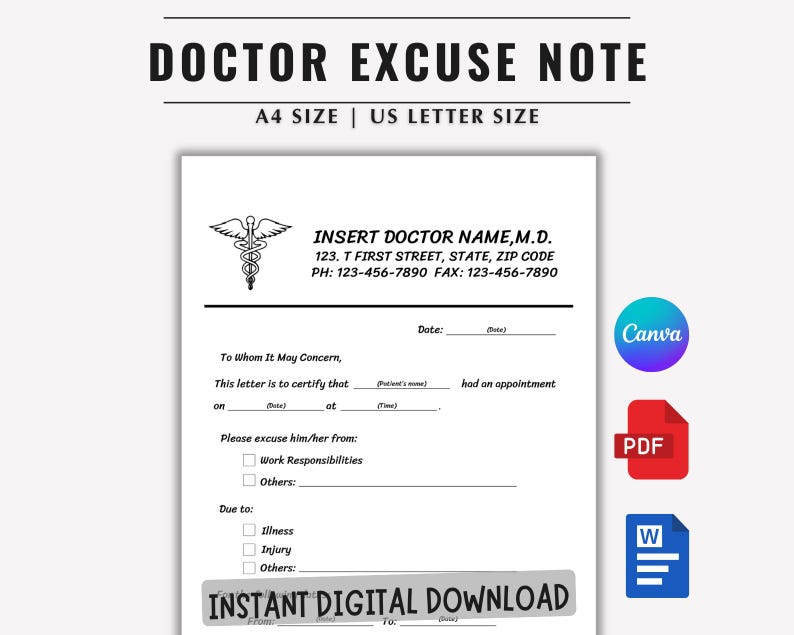Doctor Excuse Note, Editable Doctor Excuse Note for Work, Printable Doctors Note Template ...