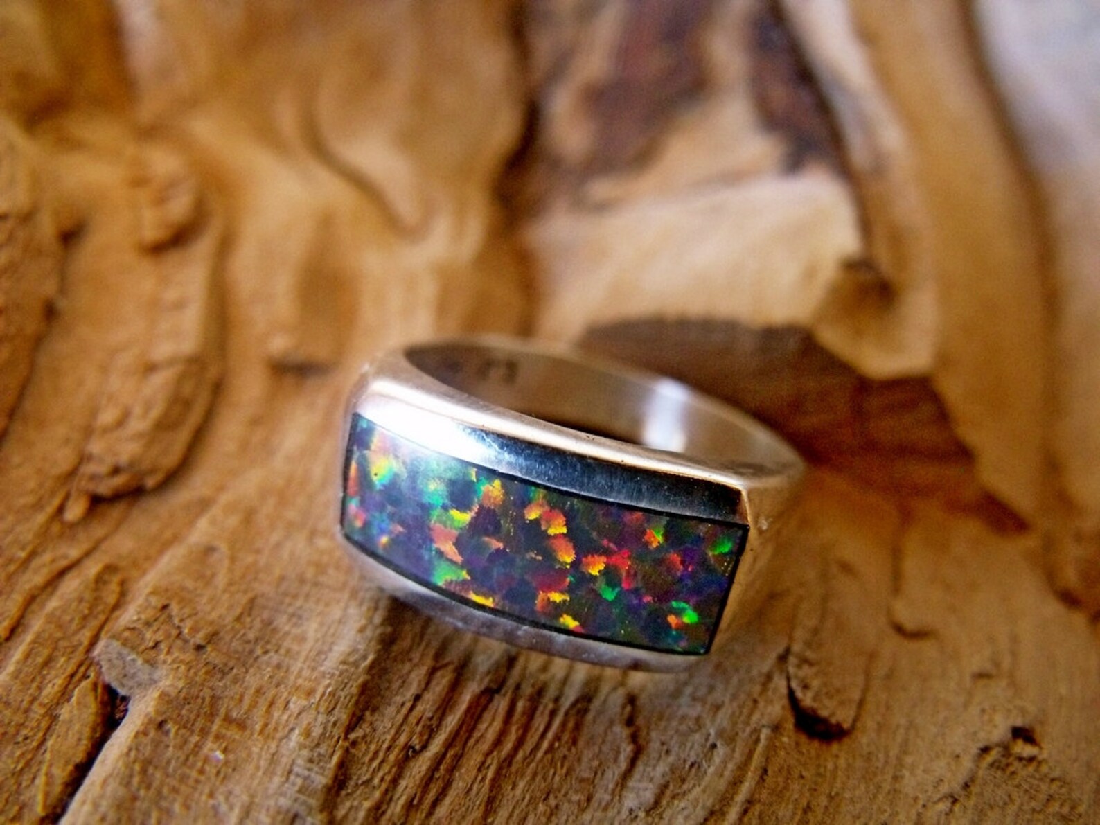 Sterling Silver Inlay Band With Lab Created Opal RF704 | Etsy