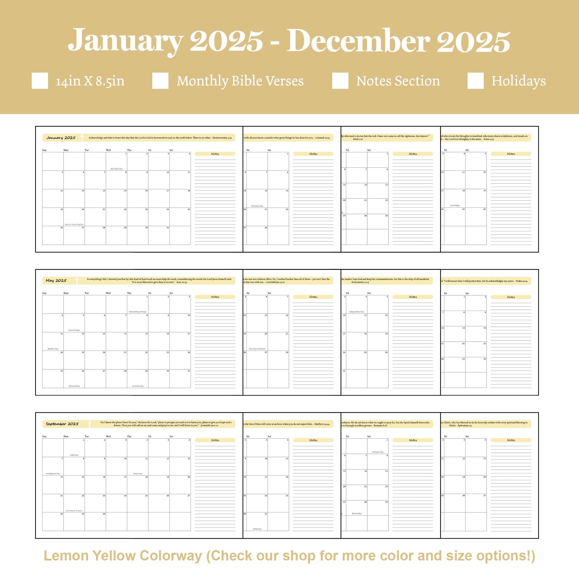 2025 Printable Calendar Set 12 Bible Verse Calendars With US Holidays ...