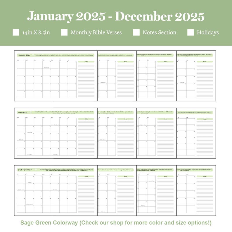 2025 PRINTABLE PDF Calendar Set, 12 Bible Verse Calendars, US Holidays ...
