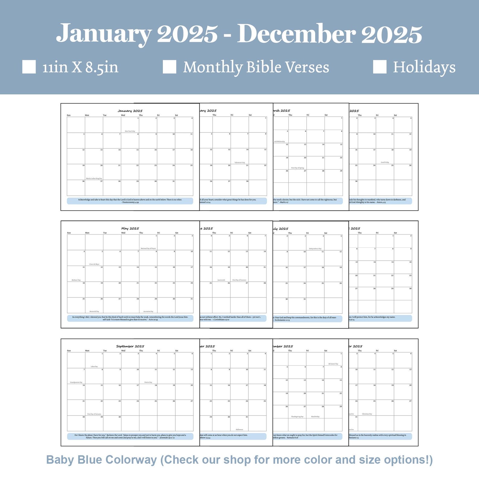 2025 Bible Calendar Printable PDF 12 Monthly Calendars With Bible ...
