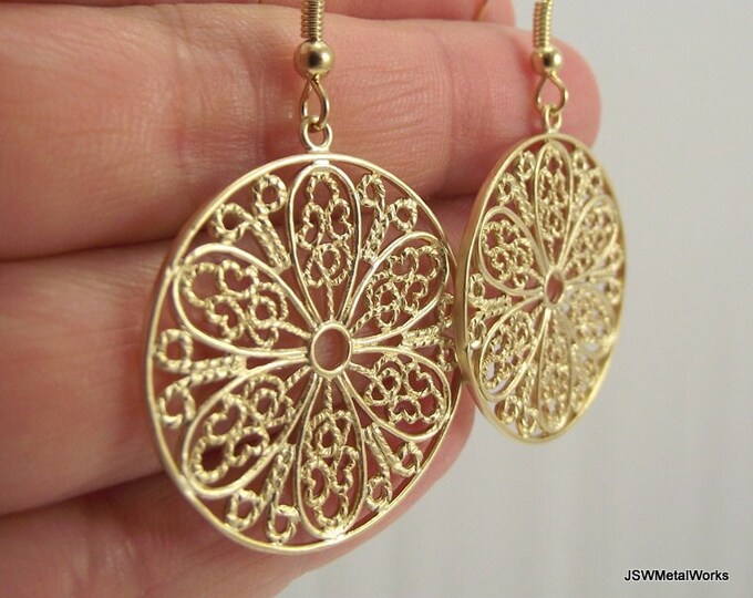 Round Gold Filigree Medallion Earrings, Gift for Her Under 25 - Etsy