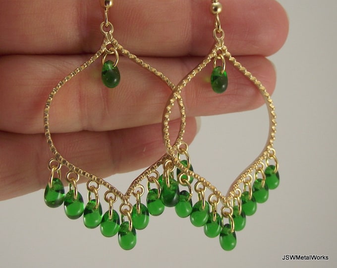 Green and Gold Chandelier Earrings Gold Earrings Green Czech - Etsy