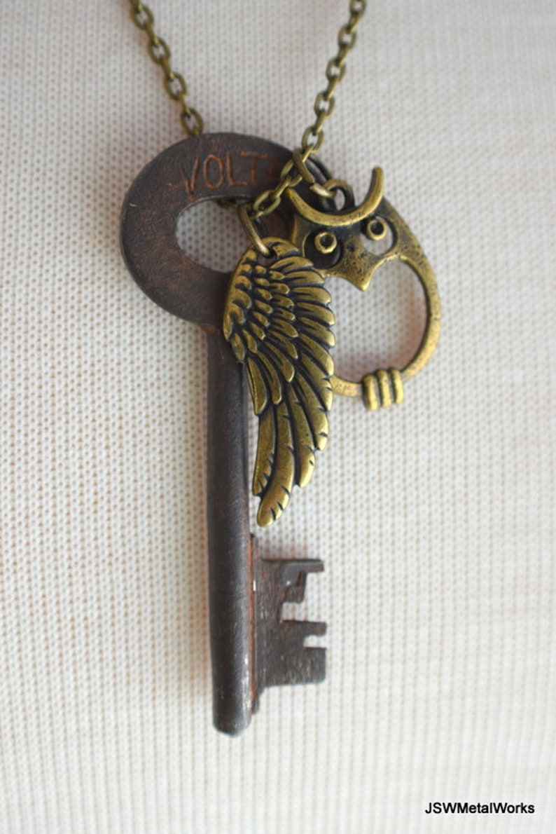 Antiqued Brass Steampunk Skeleton Key Necklace With Owl and Wing, Brass ...