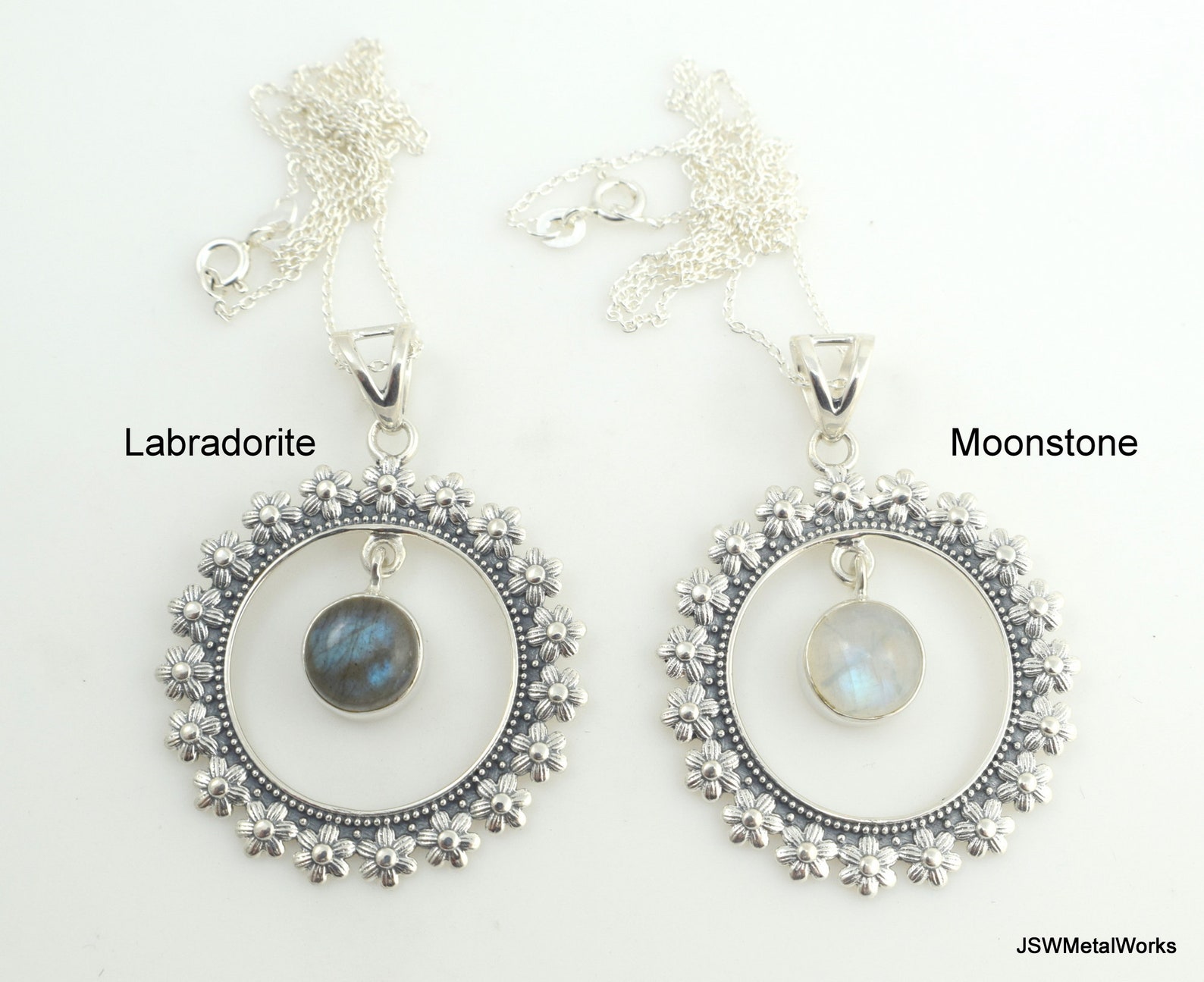 18 Inch Sterling Silver Round Floral Labradorite or Moonstone Necklace ...