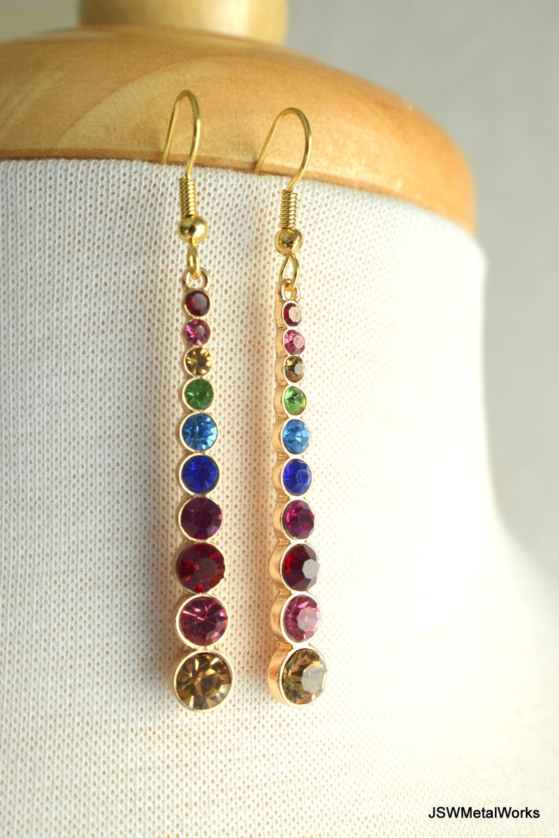 Golden Multicolor Graduated Rhinestone Drop Earrings Long - Etsy
