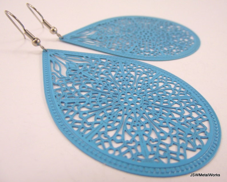 Medium Light Blue Filigree Teardrop Earrings Easter Filigree - Etsy