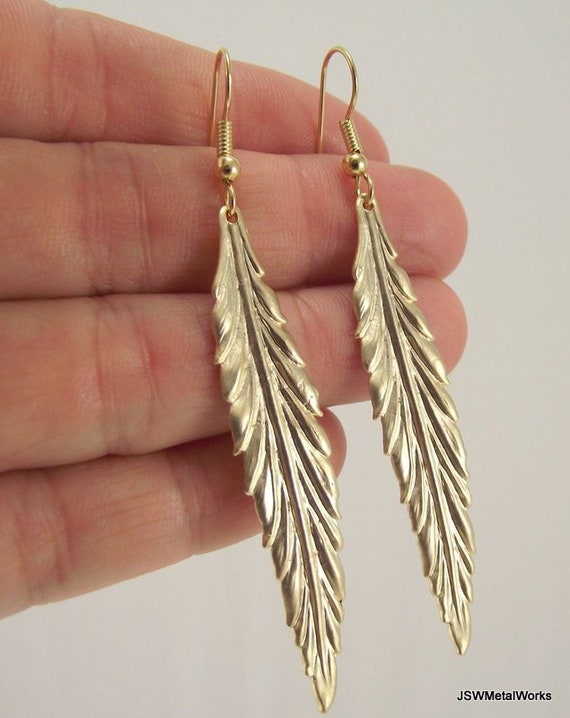 Long Gold Leaf Shoulder Duster Earrings Elegant Spring or | Etsy