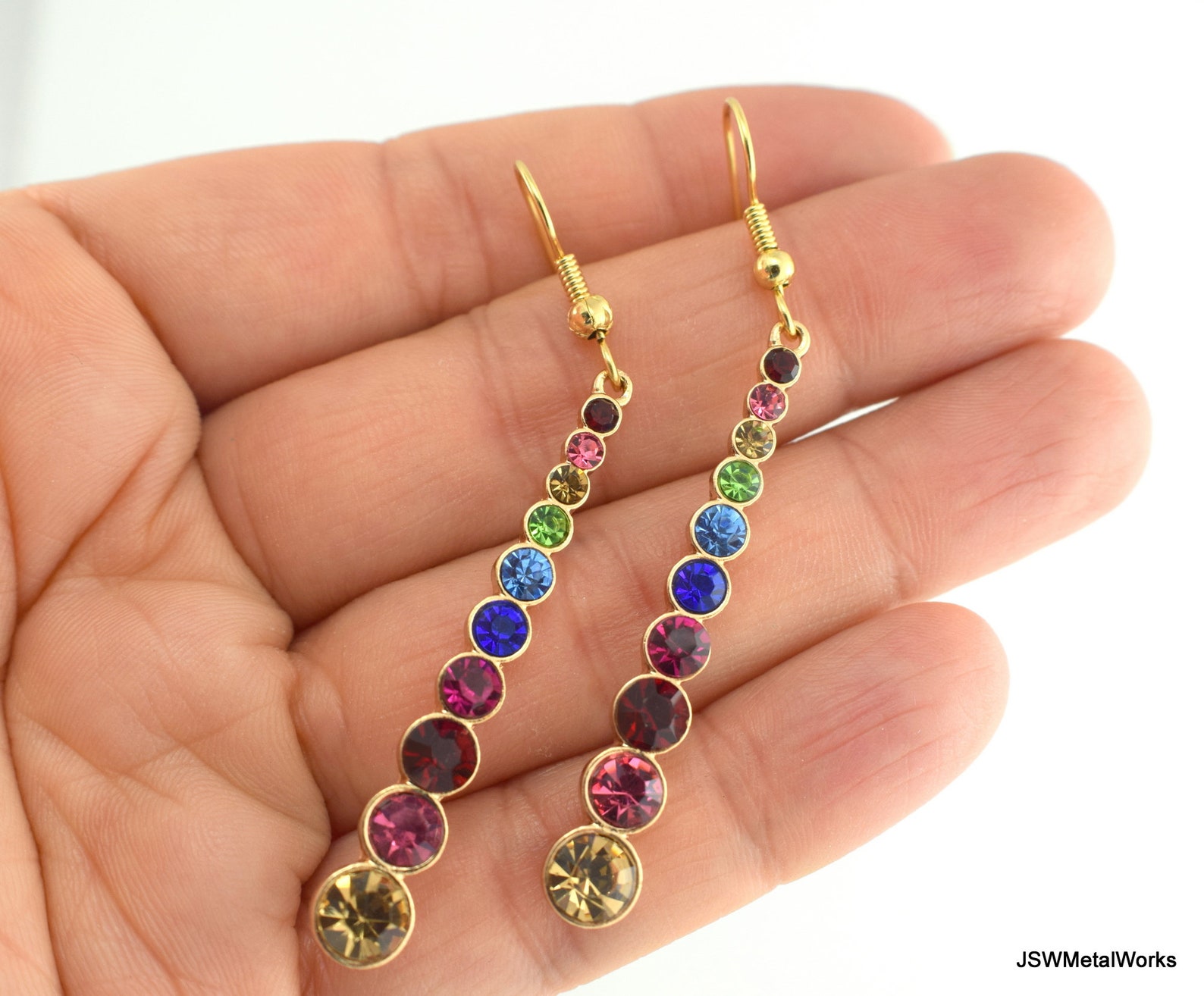 Golden Multicolor Graduated Rhinestone Drop Earrings Long - Etsy